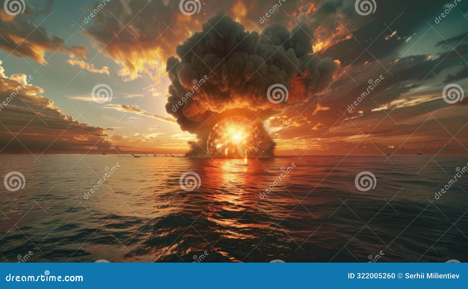 Nuclear Blast in the Ocean with a Fire Mushroom Cloud. Apocalyptic ...