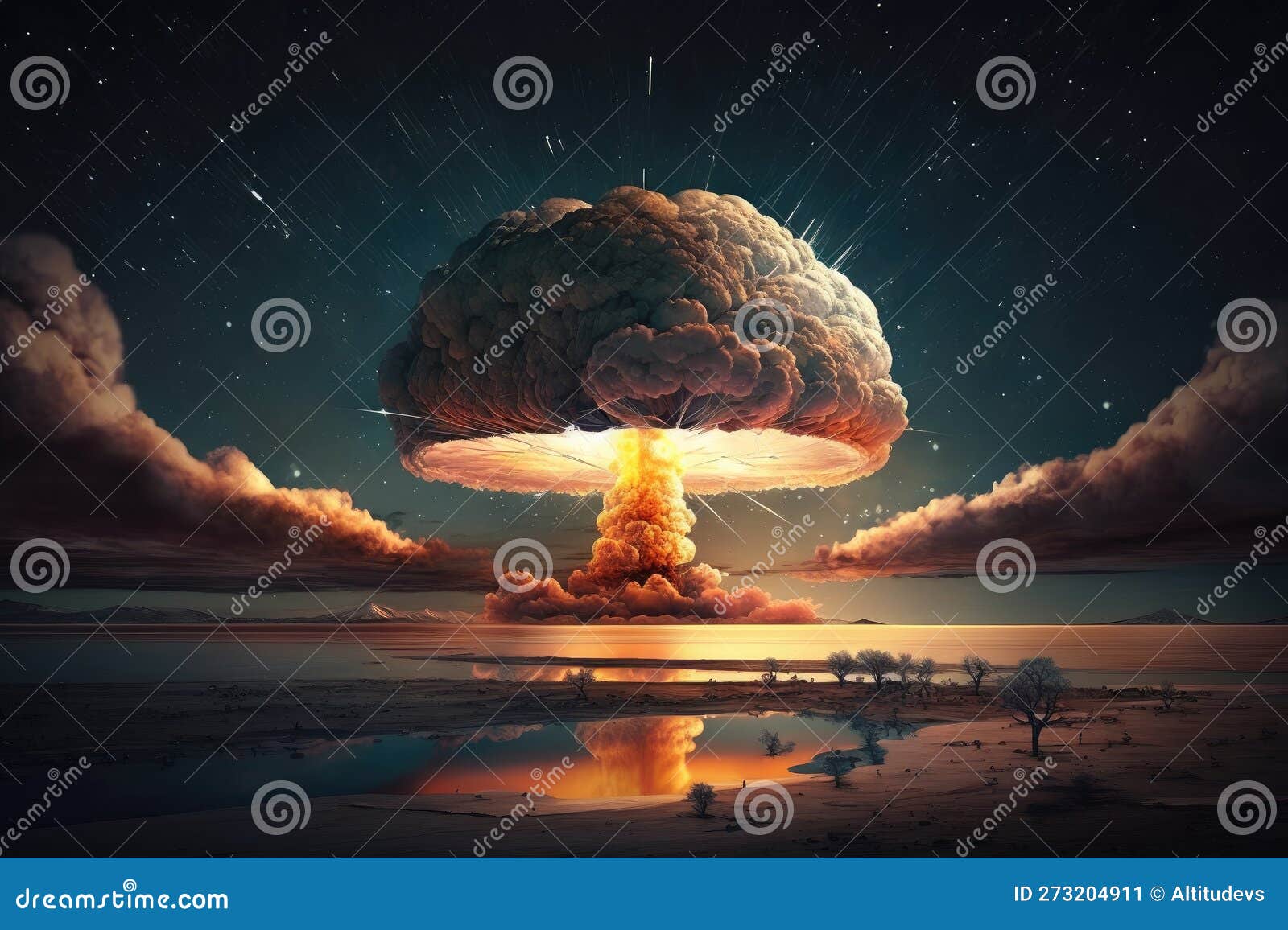 Nuclear Bomb Explosion Against the Night Sky, with Stars Visible Stock ...