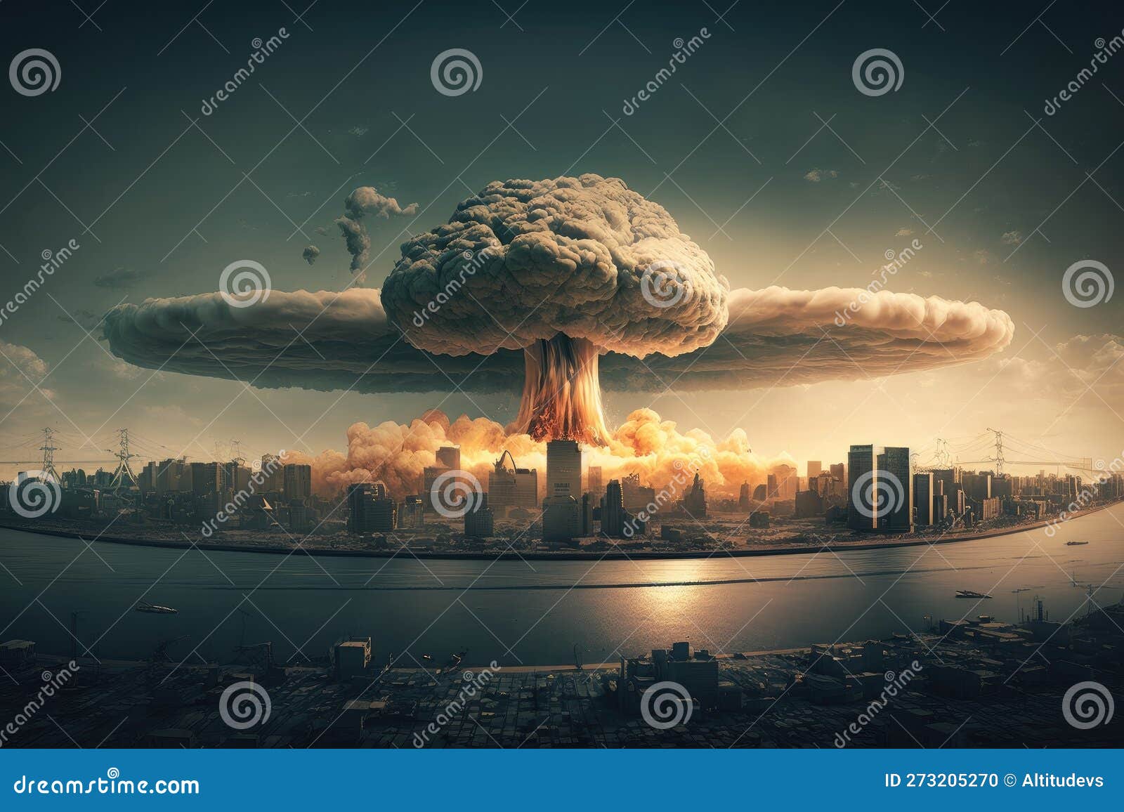 Nuclear Bomb Explosion, with View of City Being Decimated and Buildings ...