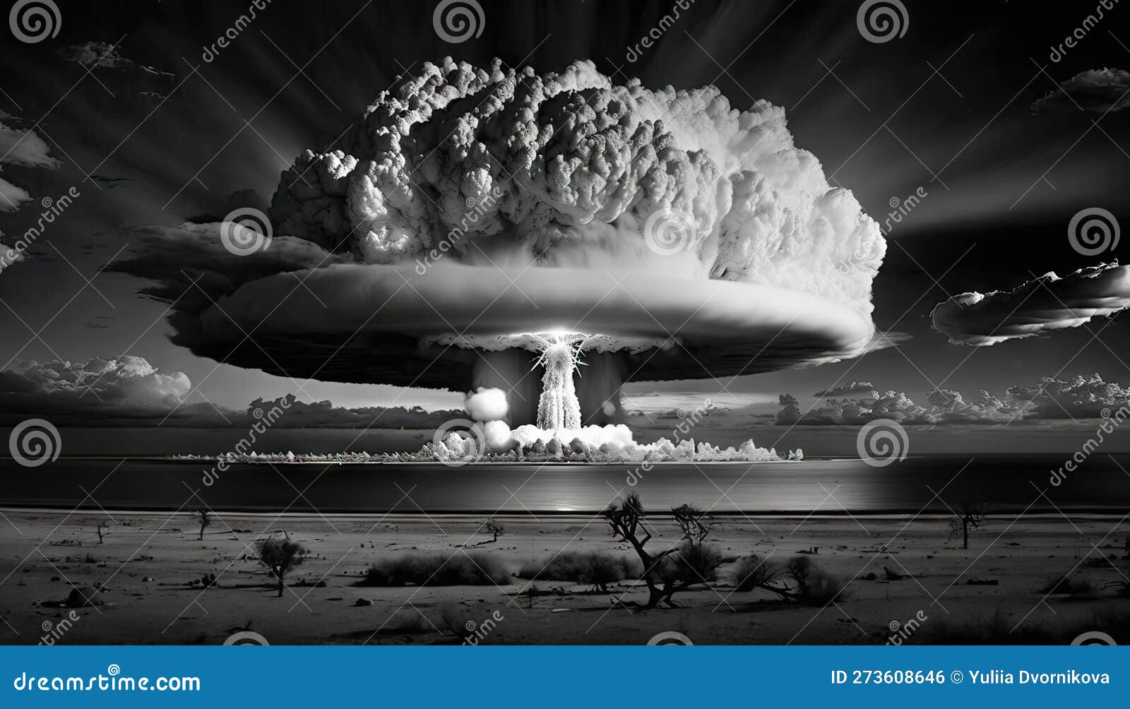 Nuclear Explosion in Black and White. Nuke Bomb Mushroom Radioactive ...
