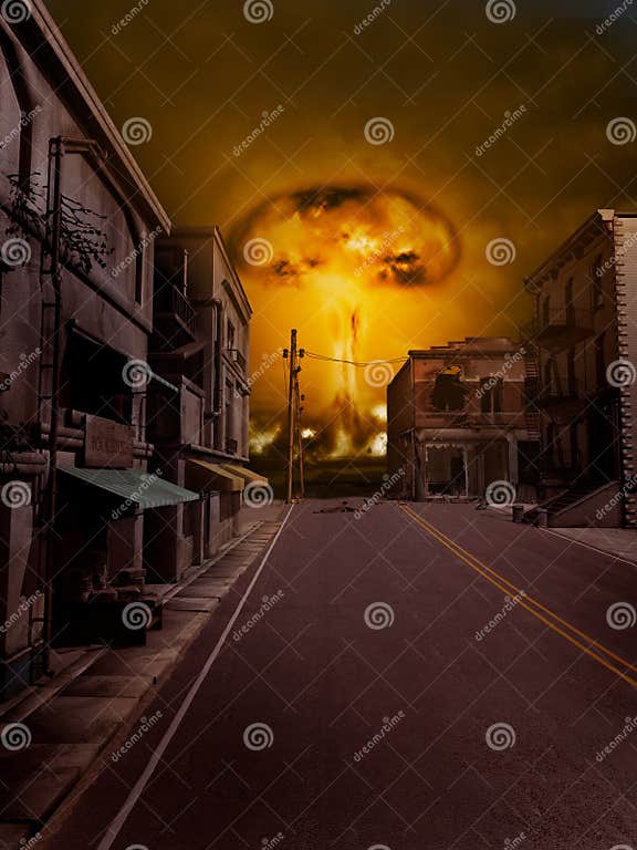 Nuclear Explosion Near the Town Stock Illustration - Illustration of ...
