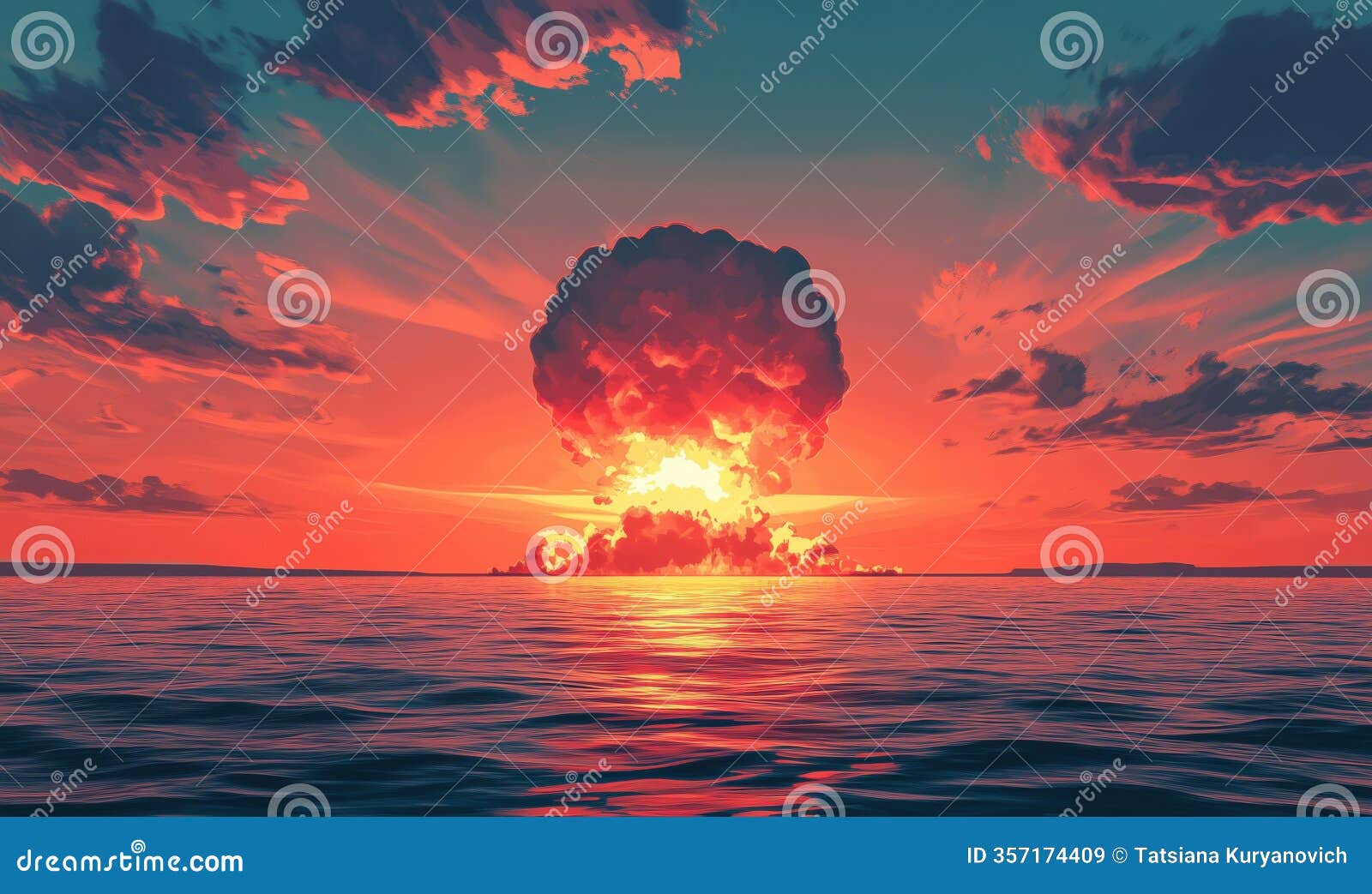 Nuclear Explosion Over Ocean at Sunset, Vibrant Colors, Dramatic Clouds ...