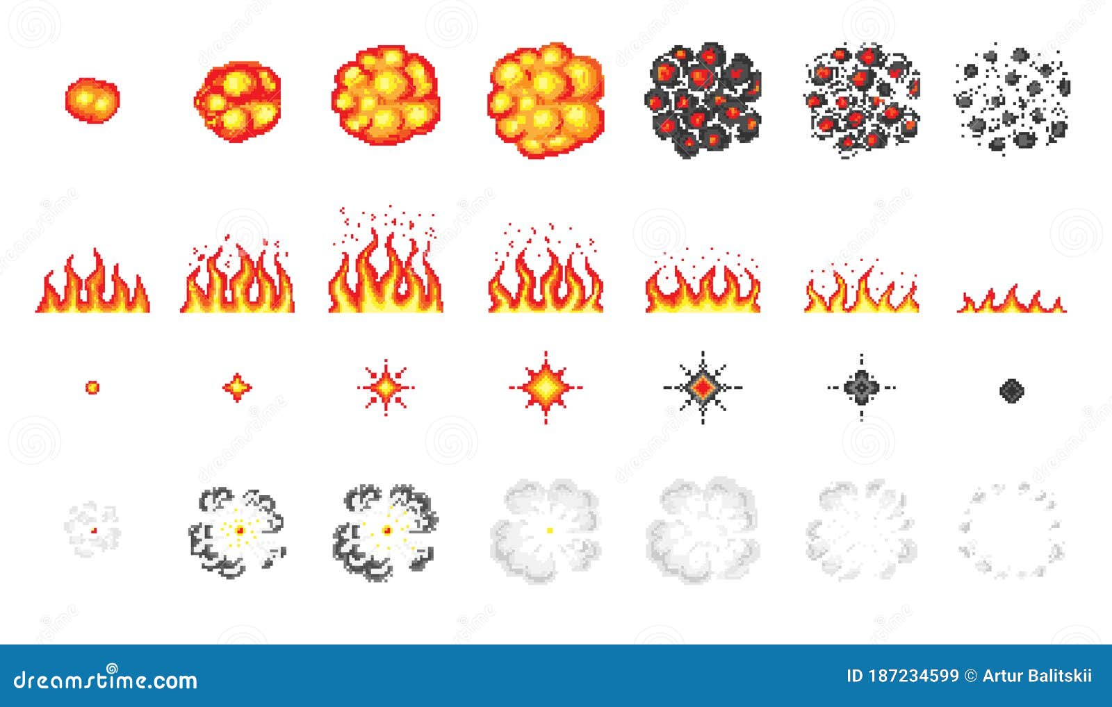 Nuclear Explosion. Pixel Art 8 Bit Fire Objects. Game Icons Set. Comic ...
