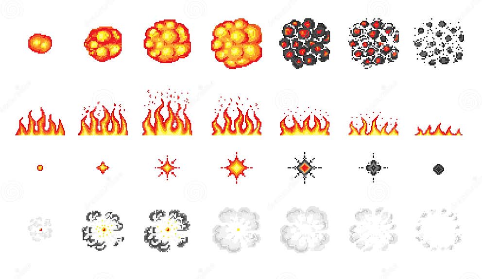 Nuclear Explosion. Pixel Art 8 Bit Fire Objects. Game Icons Set. Comic ...