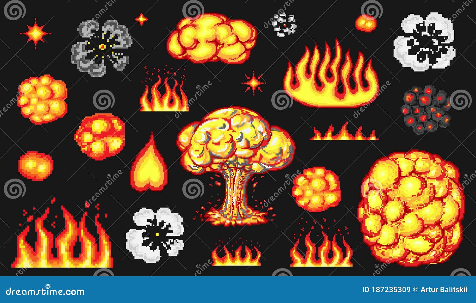 Nuclear Explosion Pixel Art 8 Bit Fire Objects Mushroom Cloud Game Icons Set Comic Boom