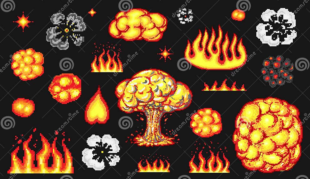 Nuclear Explosion. Pixel Art 8 Bit Fire Objects. Mushroom Cloud. Game ...