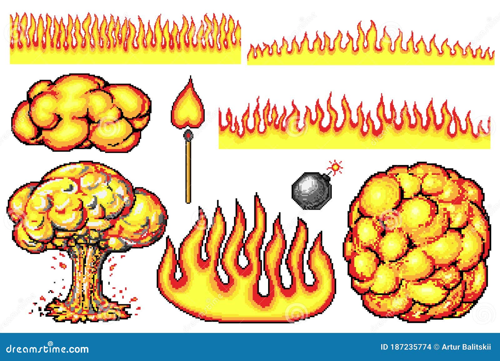 Nuclear Explosion. Pixel Art 8 Bit Fire Objects. Mushroom Cloud. Game ...