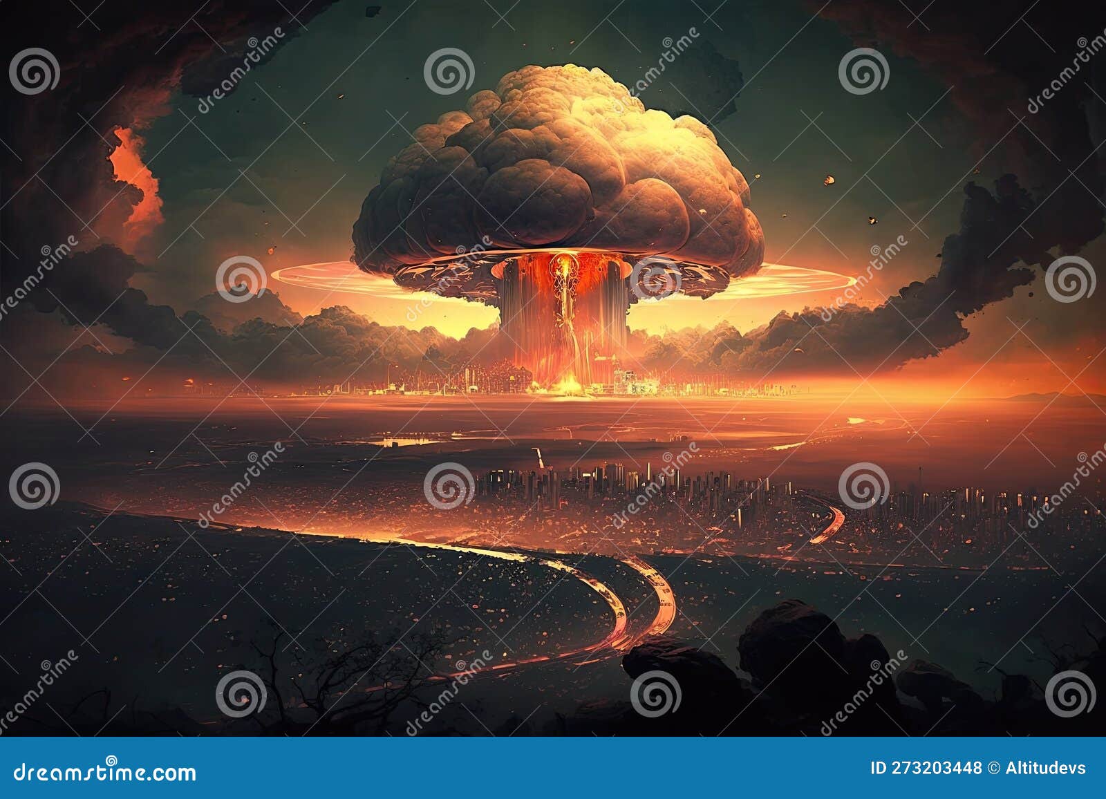 Nuclear Explosion, with Sprawling Metropolis in the Background ...