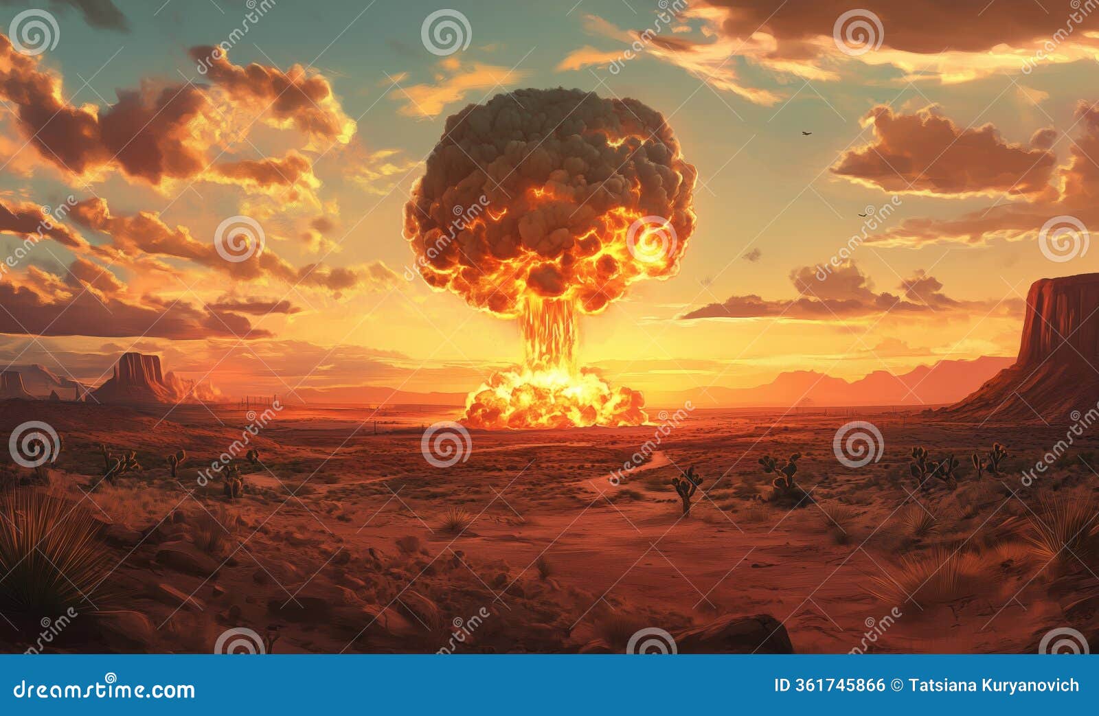 Nuclear Explosion at Sunset Over Desert Landscape with Dramatic Clouds ...
