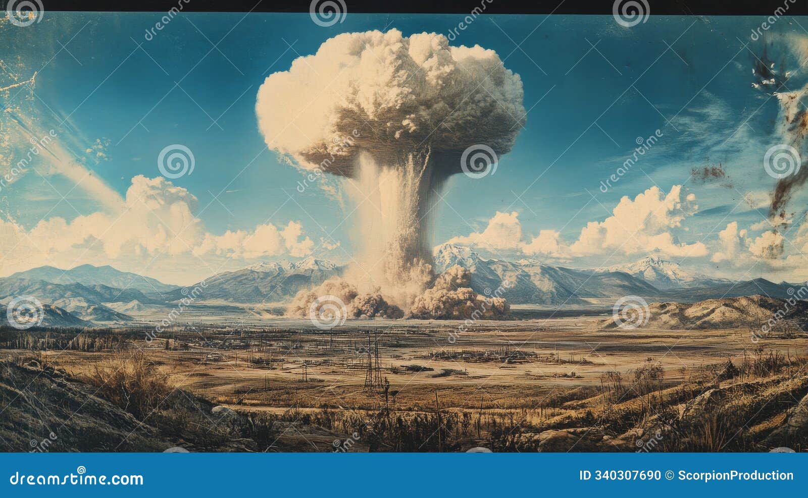 Nuclear Explosion with a Towering Mushroom Cloud in a Barren Landscape ...