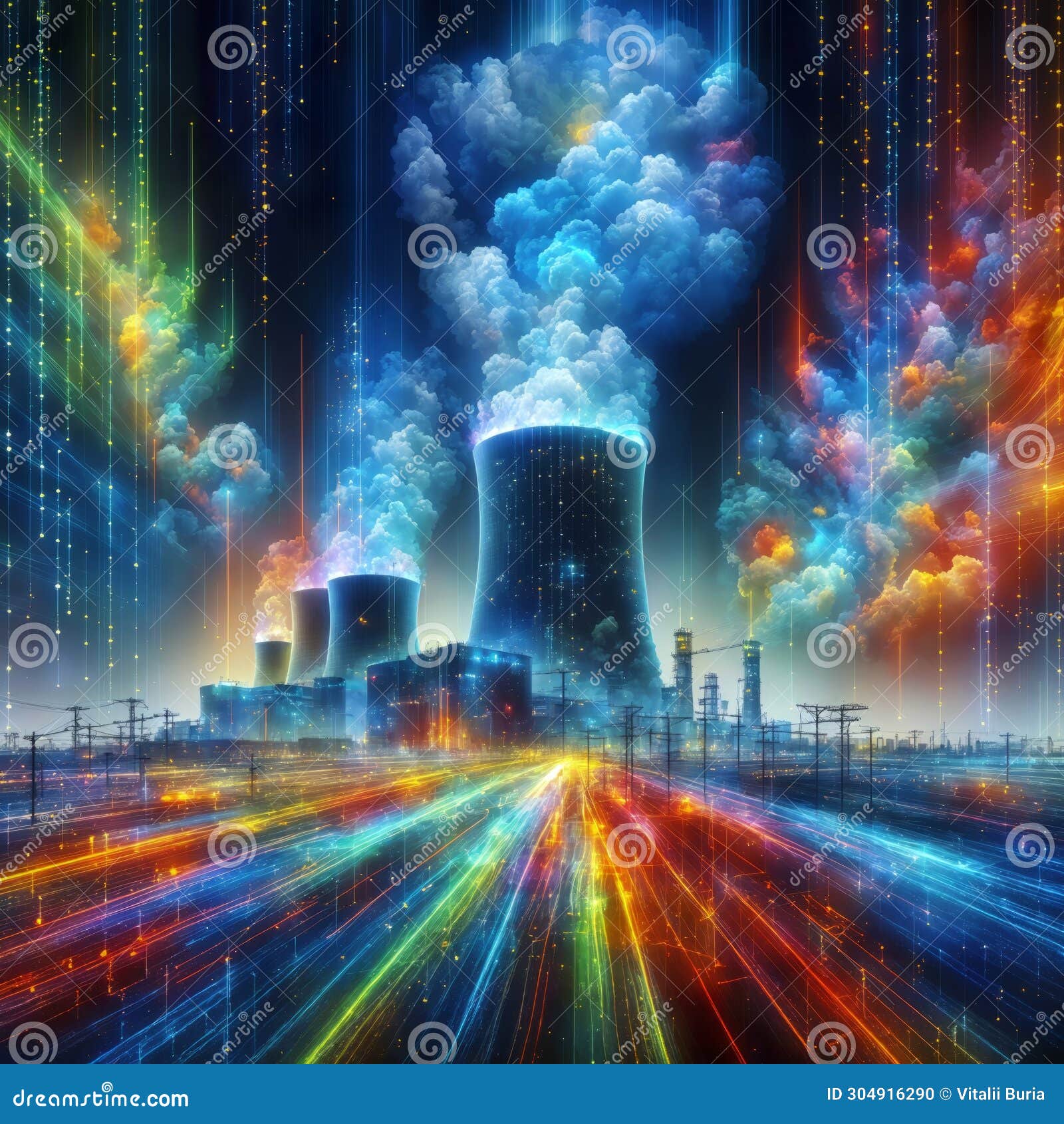 Nuclear Plant with Colorful Light Trails, Smoke, and Binary Code in the ...
