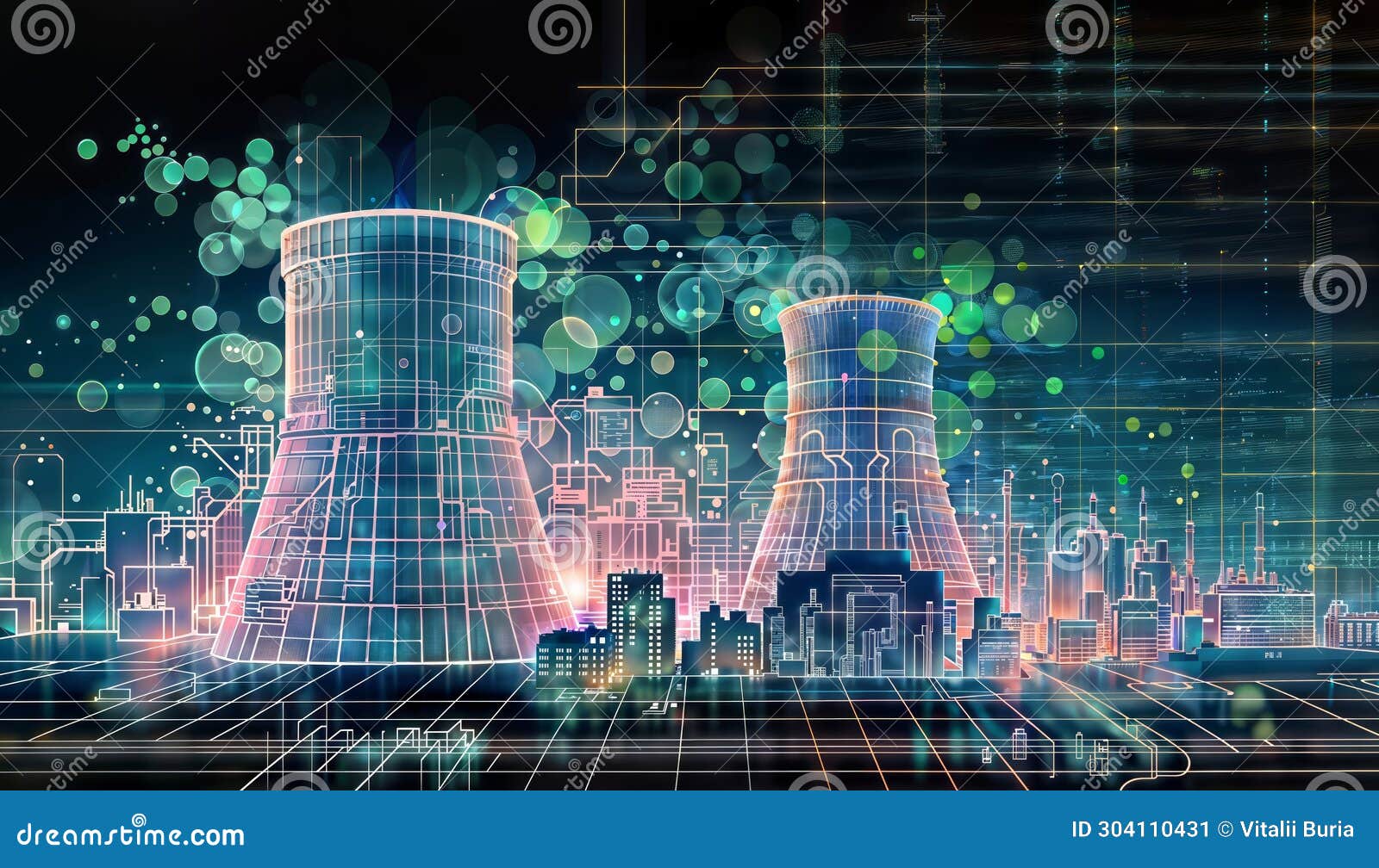 Nuclear Power Plant on Abstract Technology Background. 3d Rendering ...