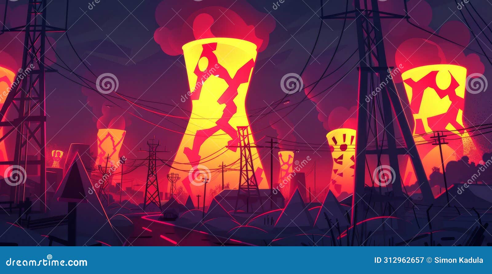 Nuclear Power Plant with Large Chimneys and Reactors, Generation of ...