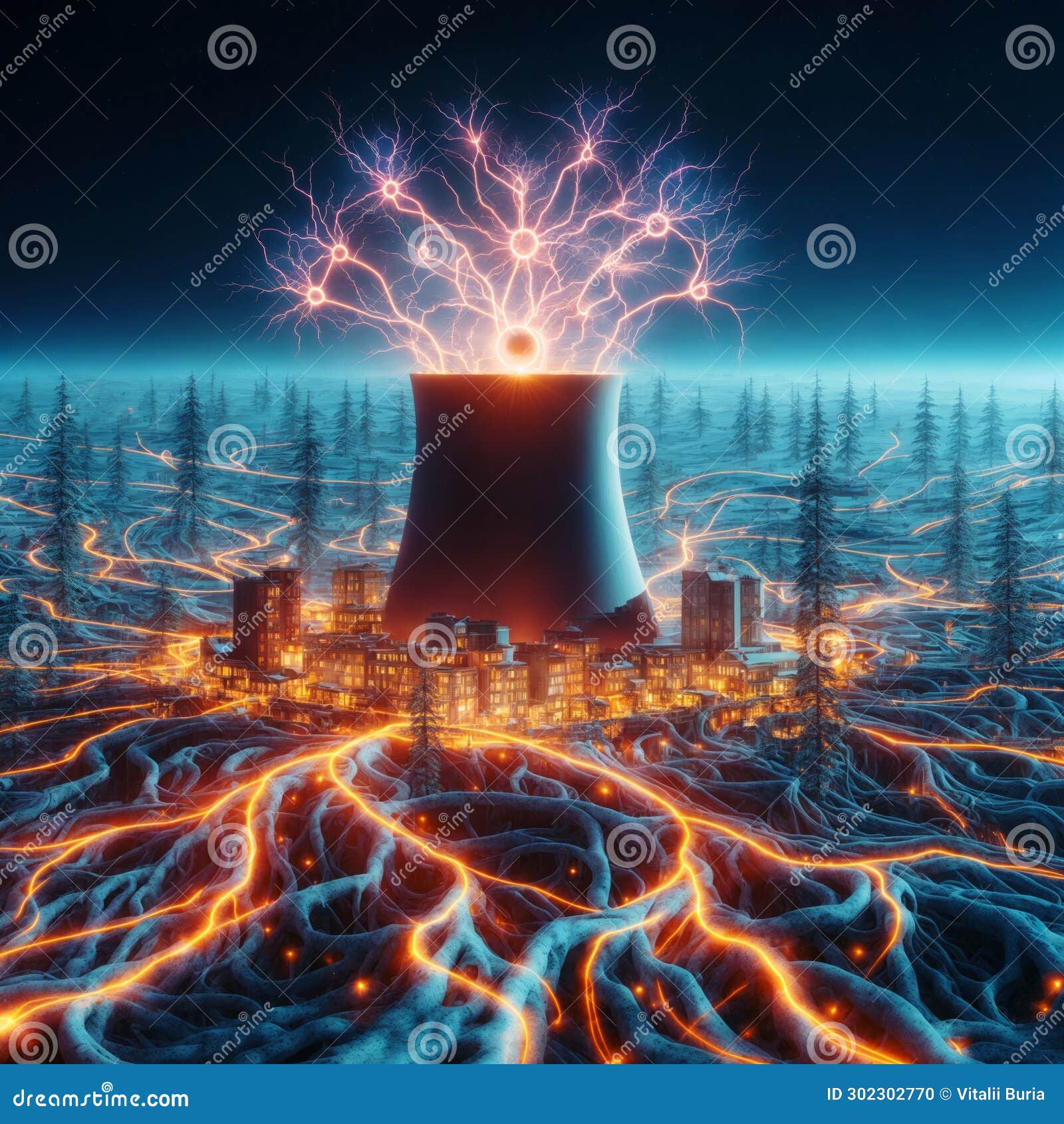 Nuclear Power Plant with Lightning in the Forest. 3D Rendering ...