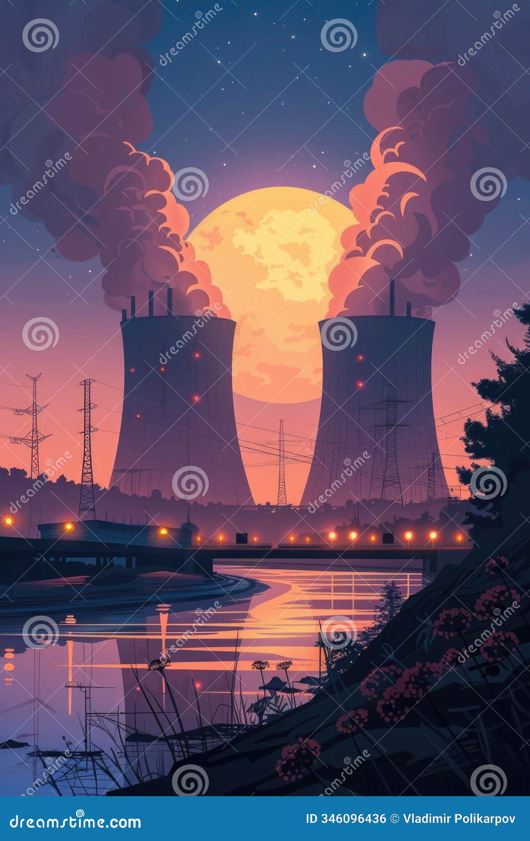A Nuclear Power Plant at Night, with Illuminated Structures and ...
