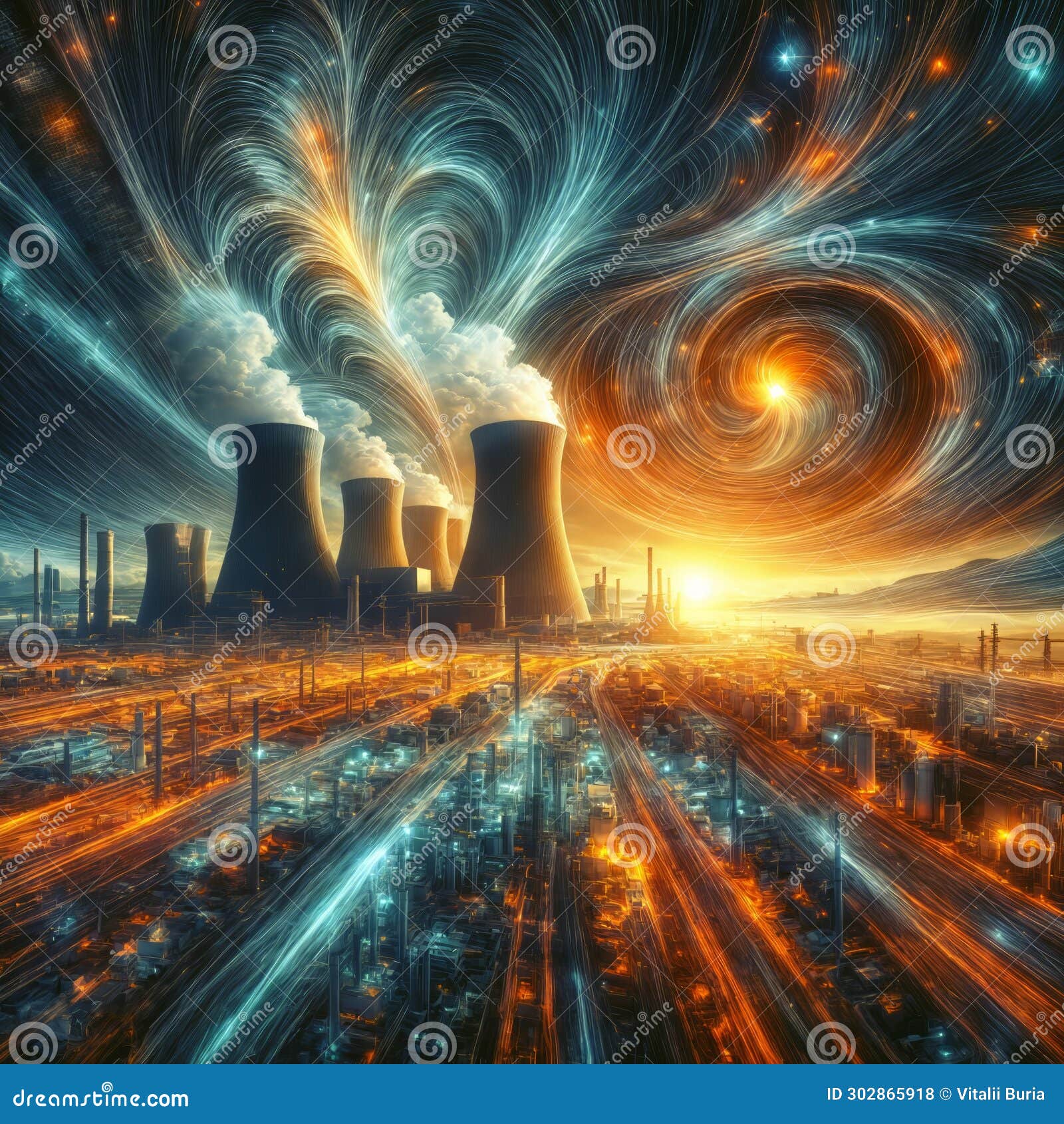 Nuclear Power Plant at Night with Lights and Smoke. 3D Rendering ...