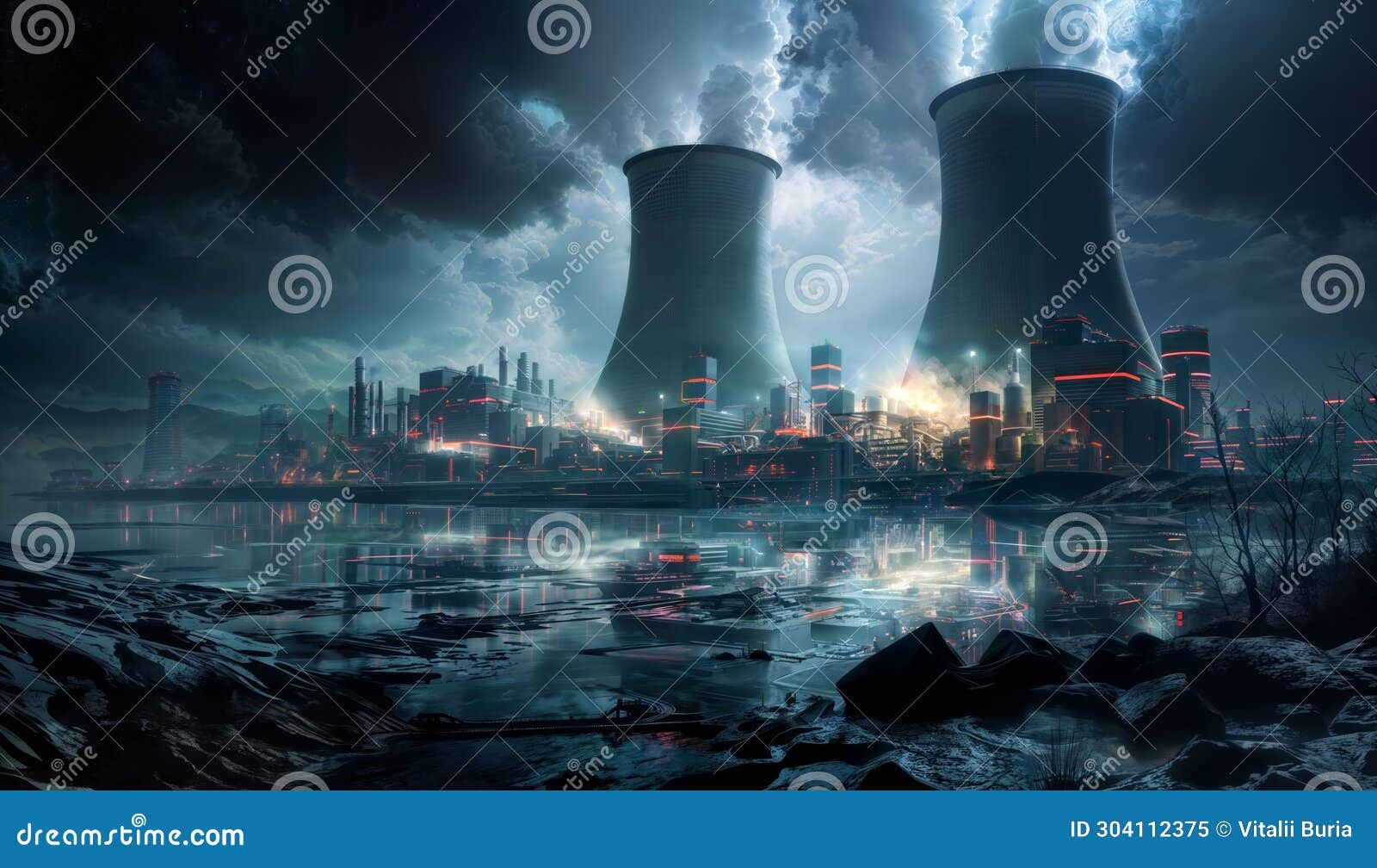 Nuclear Power Plant at Night with Reflection in Water. 3d Rendering ...