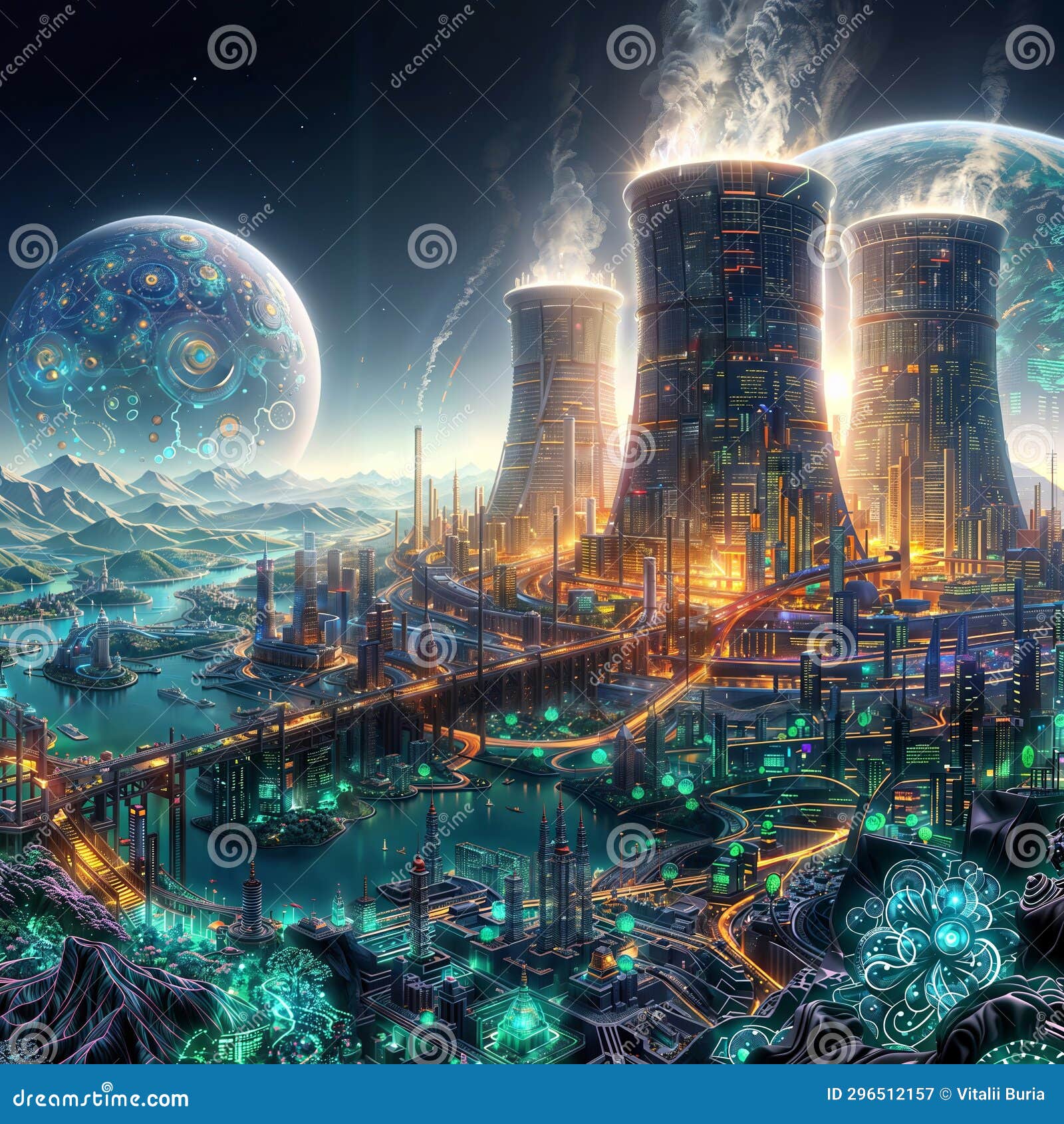 Nuclear Power Plant with Planet in the Background. 3D Rendering ...