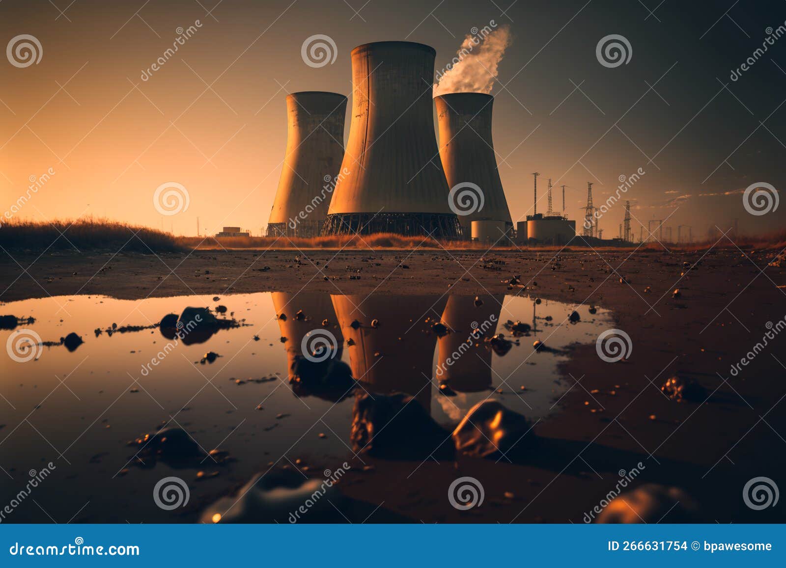 Nuclear Power Plant with Reflections in a Puddle at Dusk., Generative ...