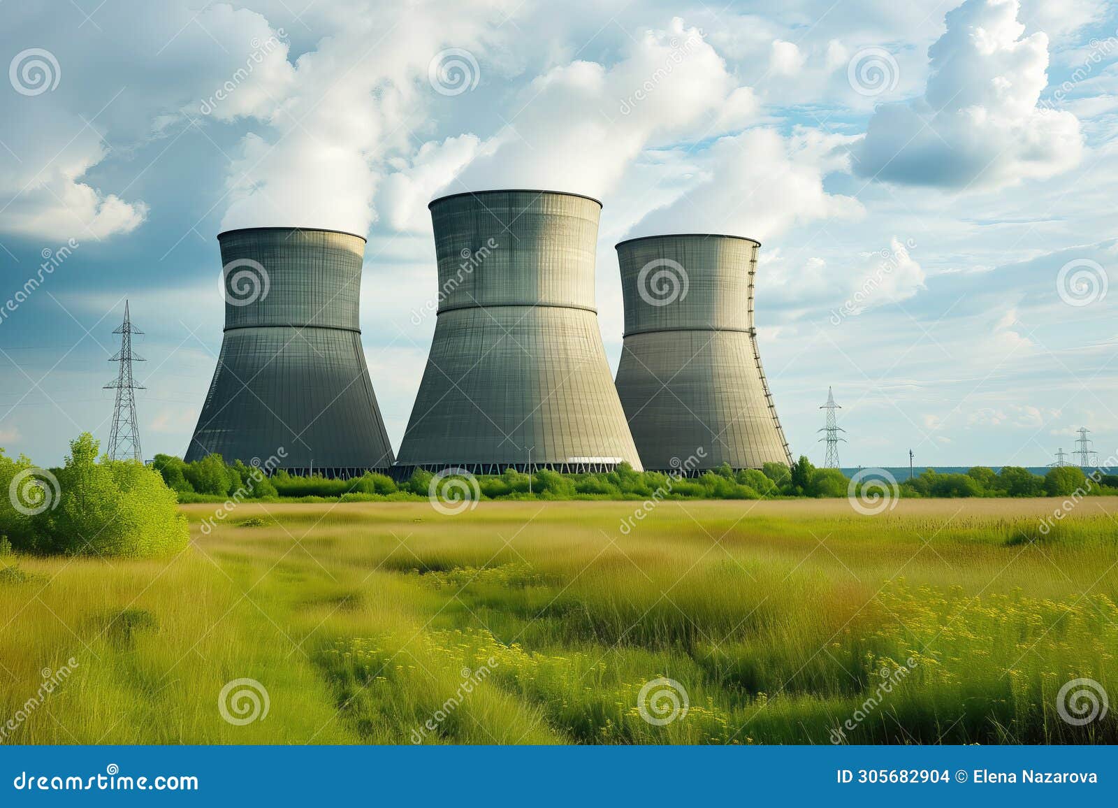 Nuclear Power Plant and Scenic Landscape with Fields and Blue Sky Stock ...