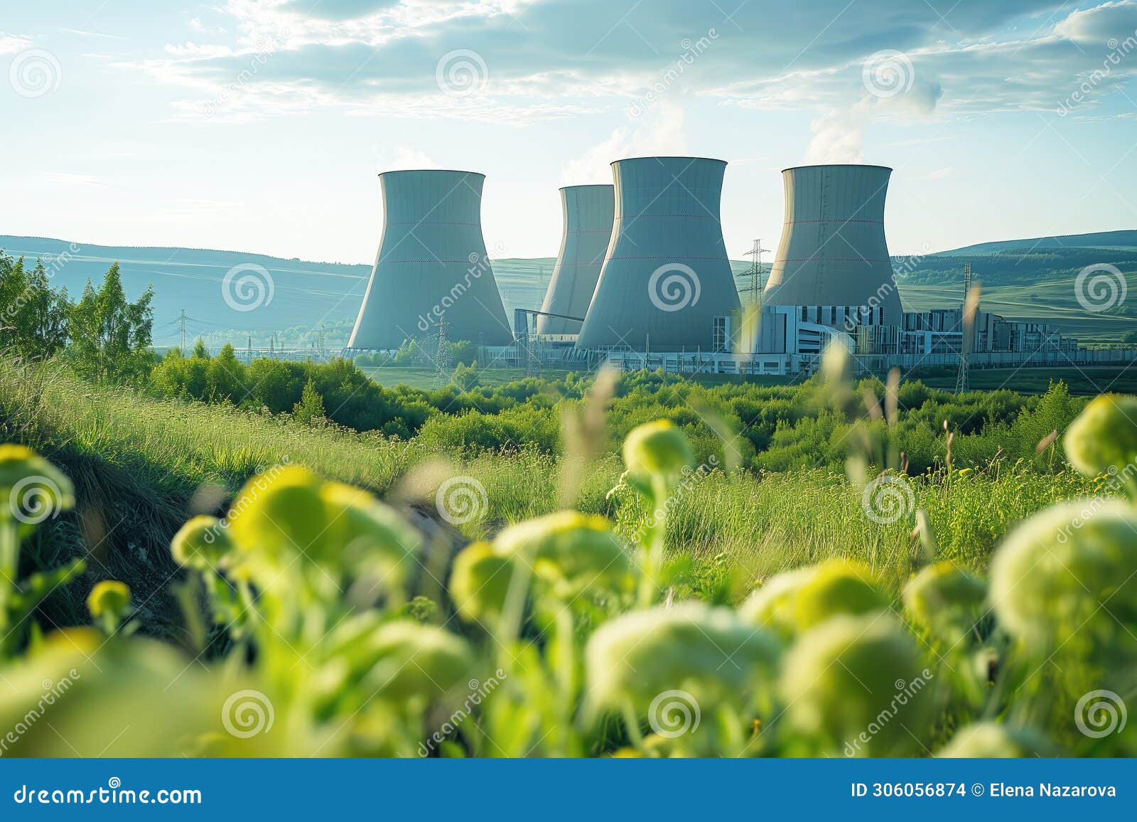 Nuclear Power Plant and Scenic Landscape with Fields and Blue Sky Stock ...