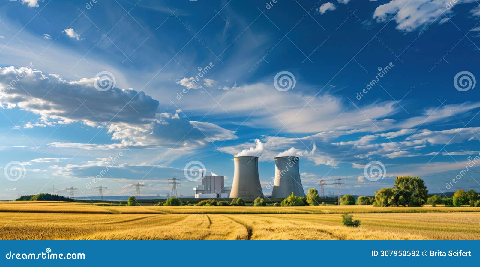 Nuclear Power Plant and Scenic Landscape with Fields and Blue Sky Stock ...