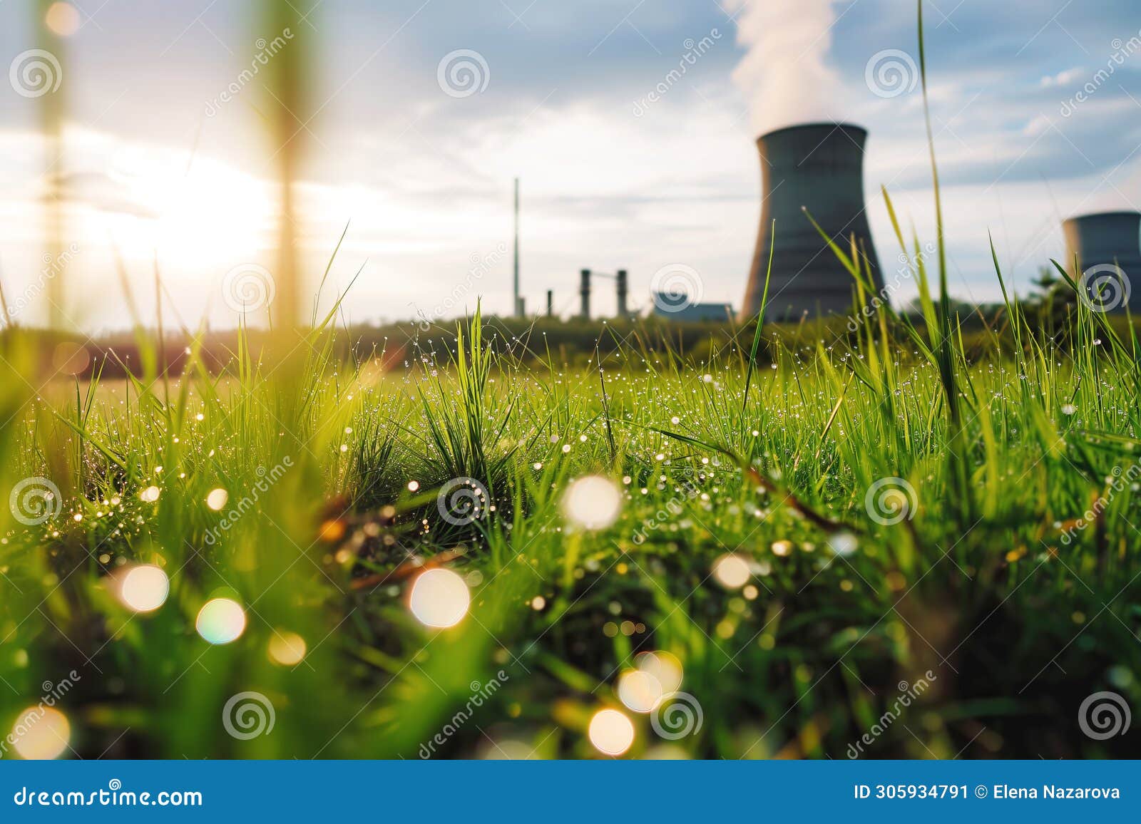 Nuclear Power Plant and Scenic Landscape with Fields and Blue Sky Stock ...