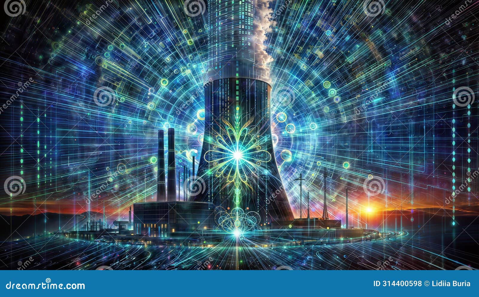 Nuclear Power Glow: Binary Numbers Amidst Luminous Green and Blue ...