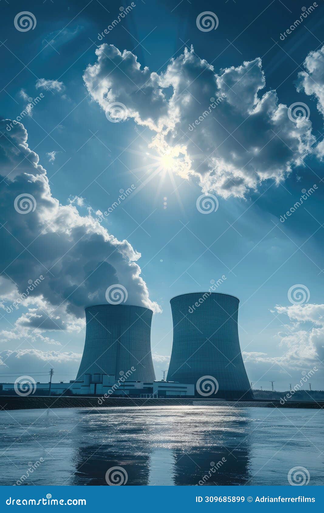Nuclear Power Plant Silhouette with Sun Shining through Clouds. Stock ...