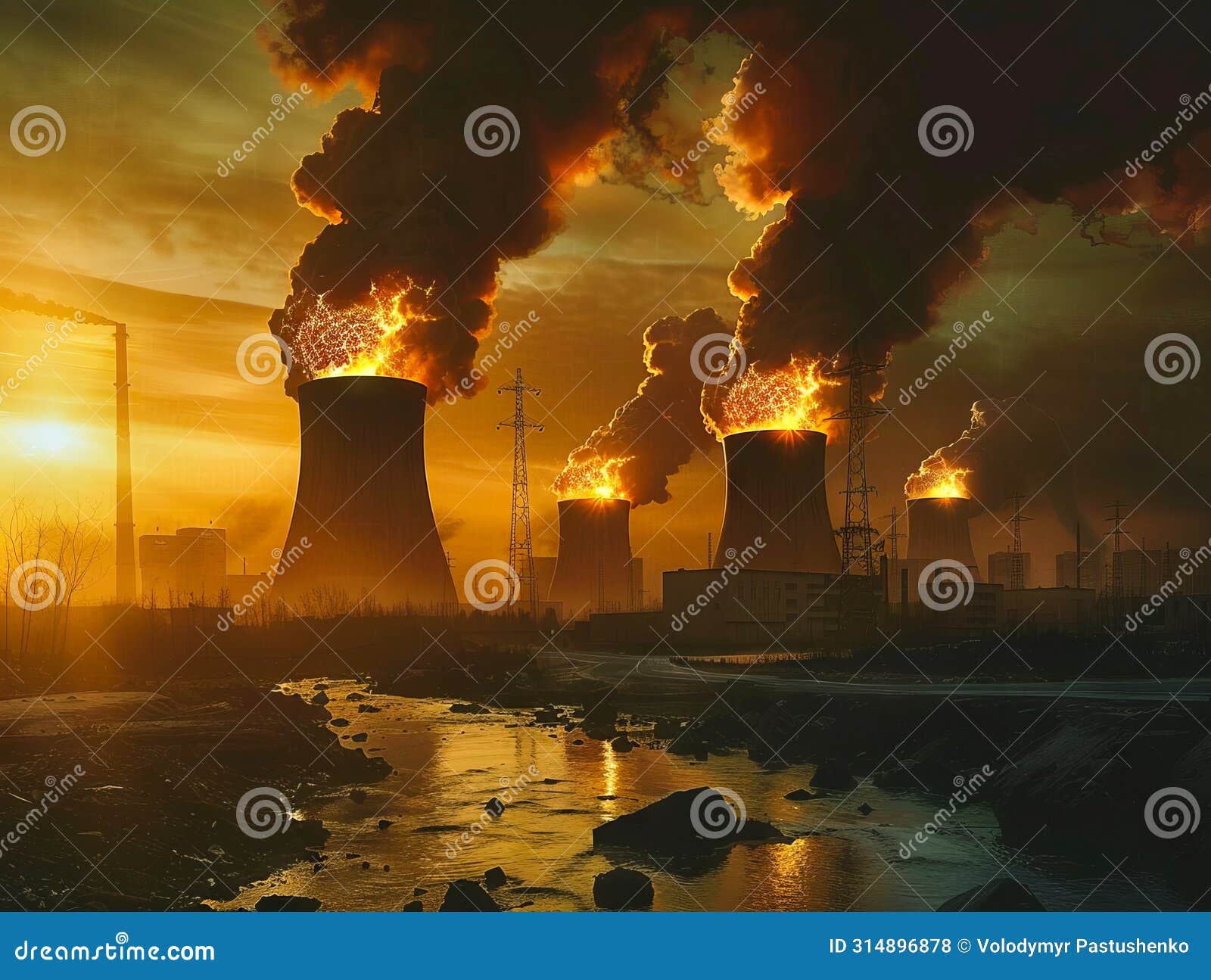 A Nuclear Power Plant with Smoke Coming Out of it Stock Photo - Image ...
