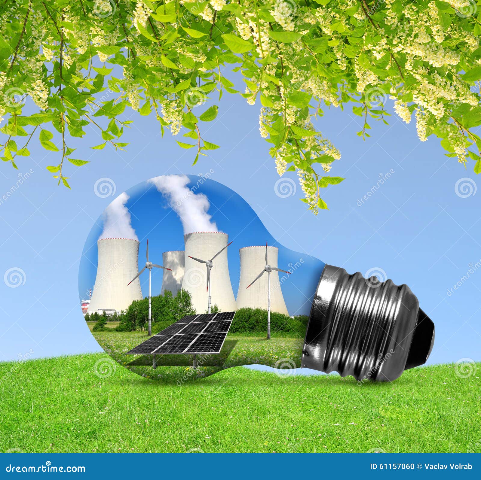 Nuclear Power Plant with Solar Panel and Wind Turbines in Lightbulb ...