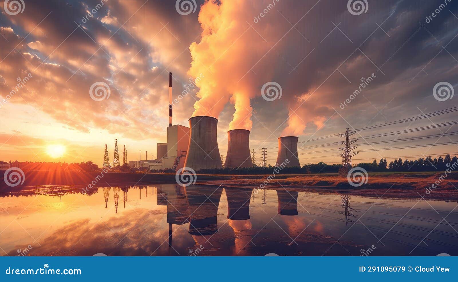 Nuclear Power Plant at Sunset with a Dramatic Sky Stock Illustration ...