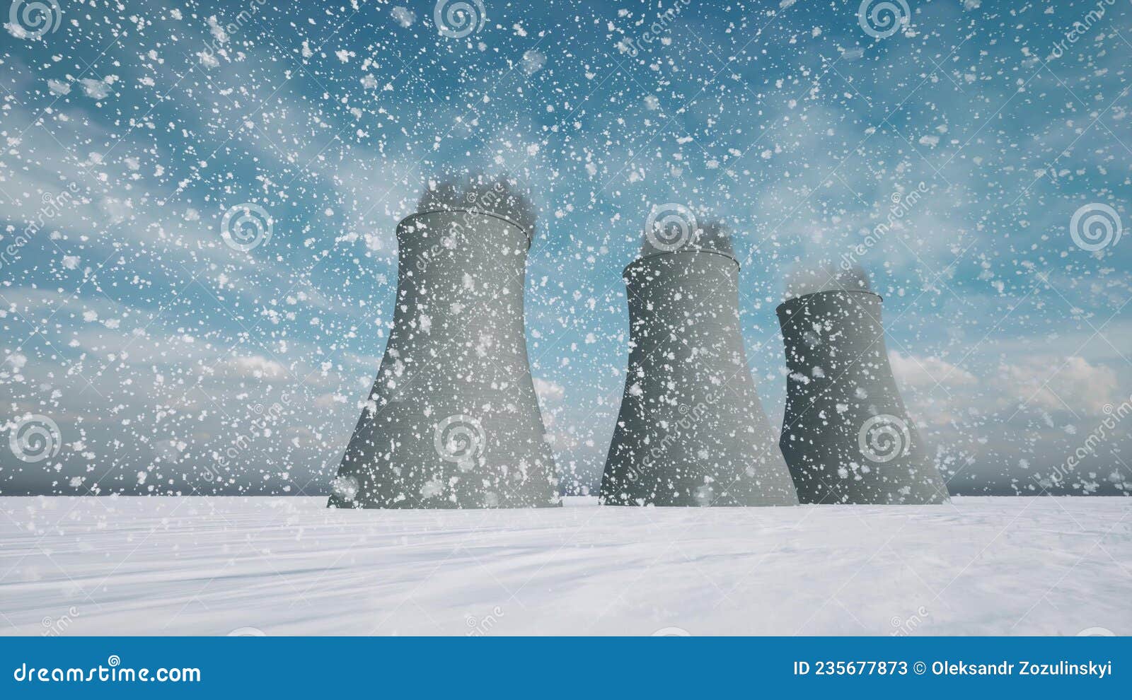 Nuclear Power Plant in Winter Snow Fall Atomic Energy Sunny Day 3d ...