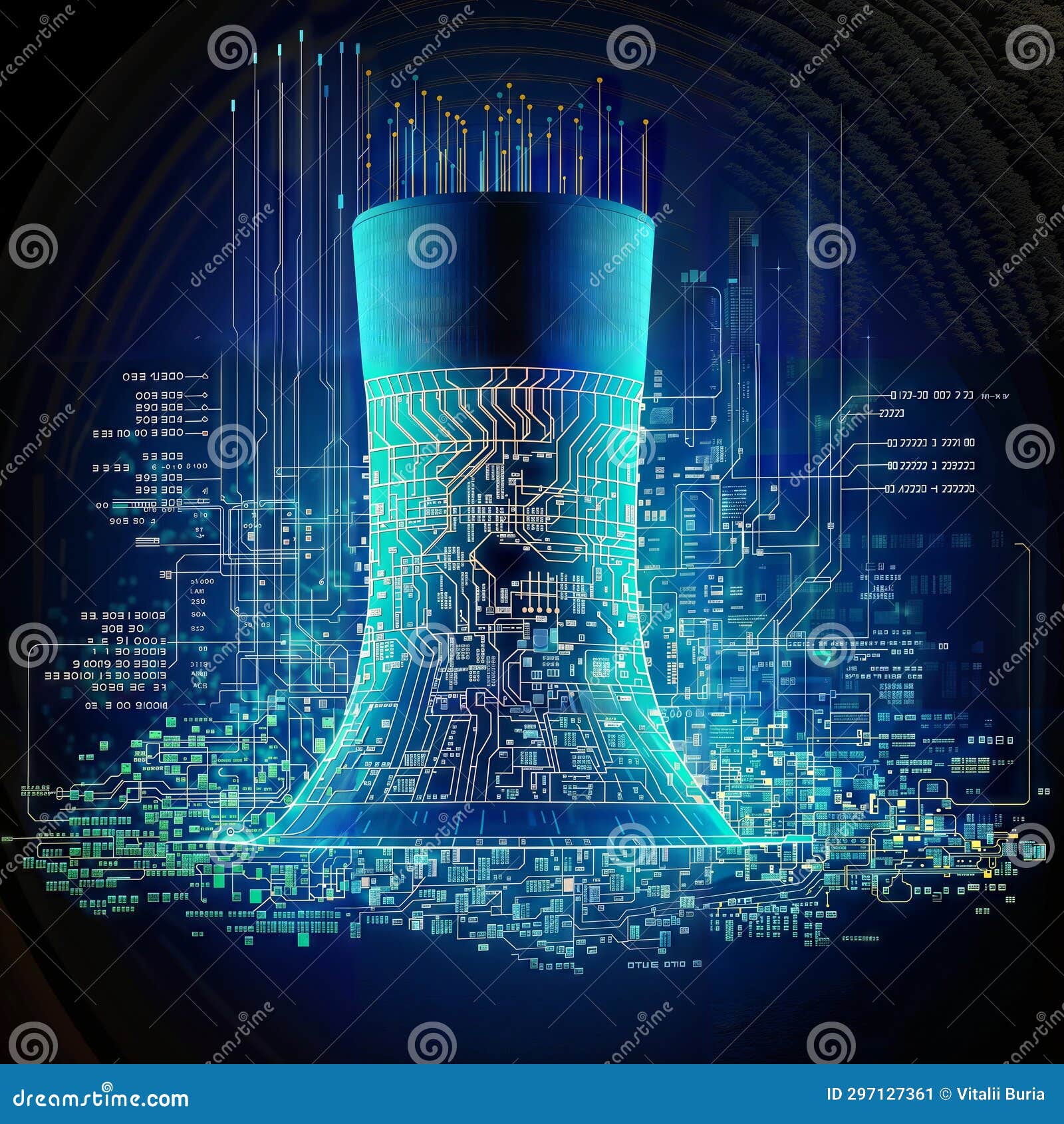 Nuclear Power Station with Circuit Board on Blue Background ...