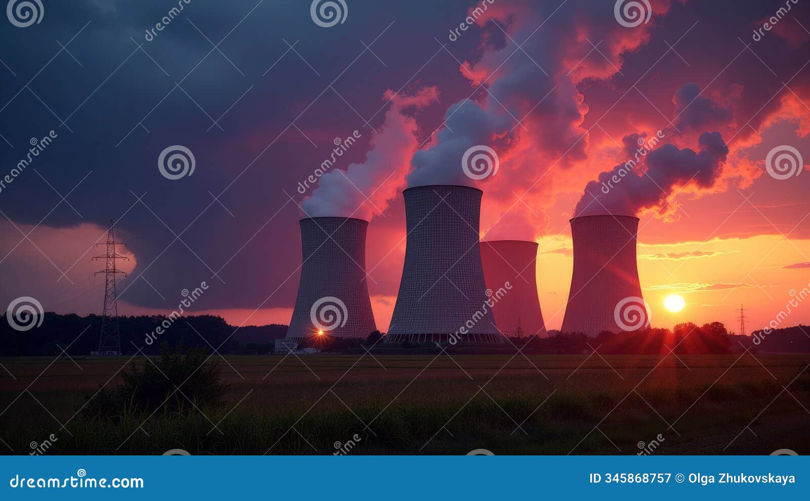 Nuclear Power Units at Night Stock Illustration - Illustration of ...