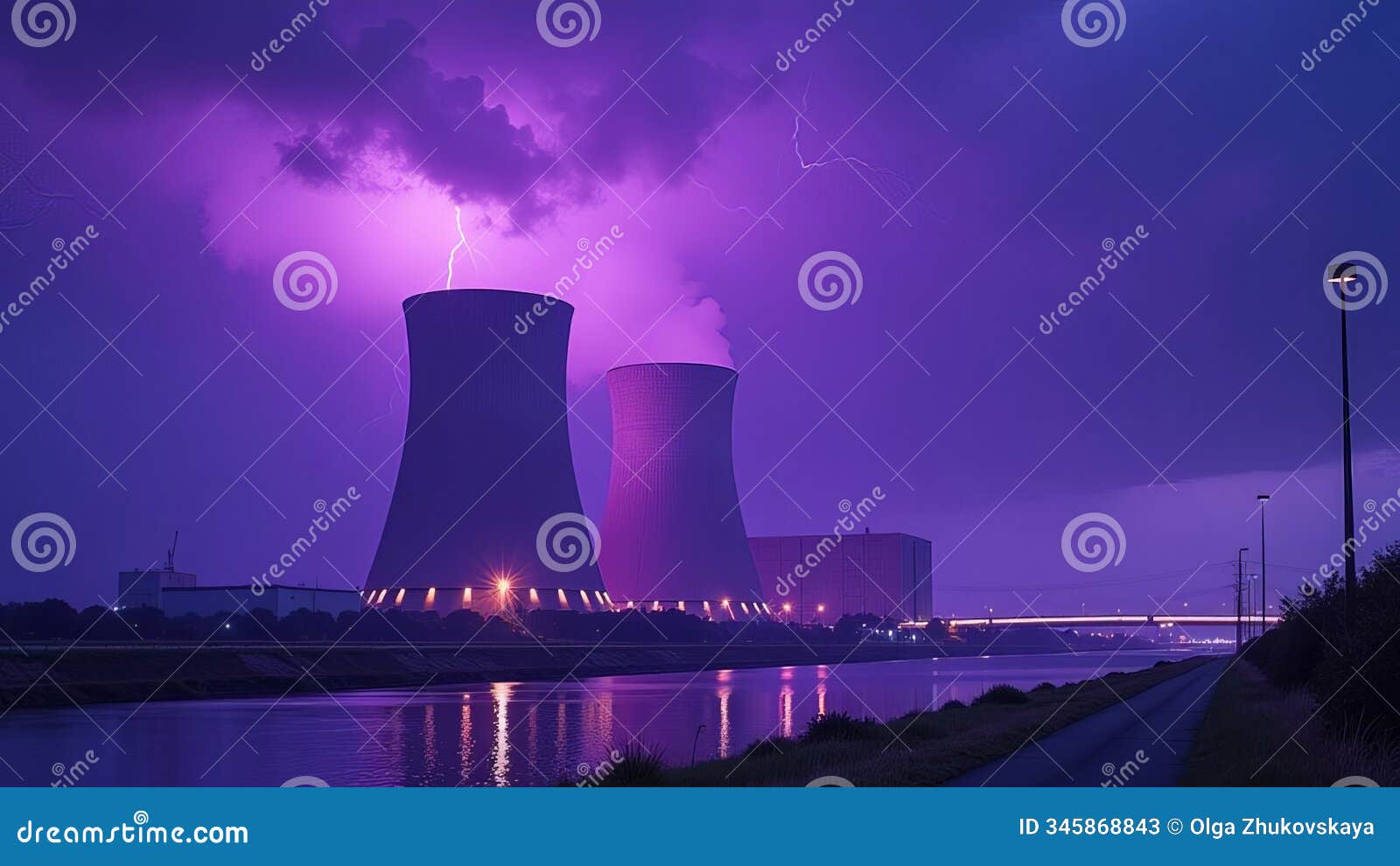 Nuclear Power Units at Night Stock Illustration - Illustration of ...