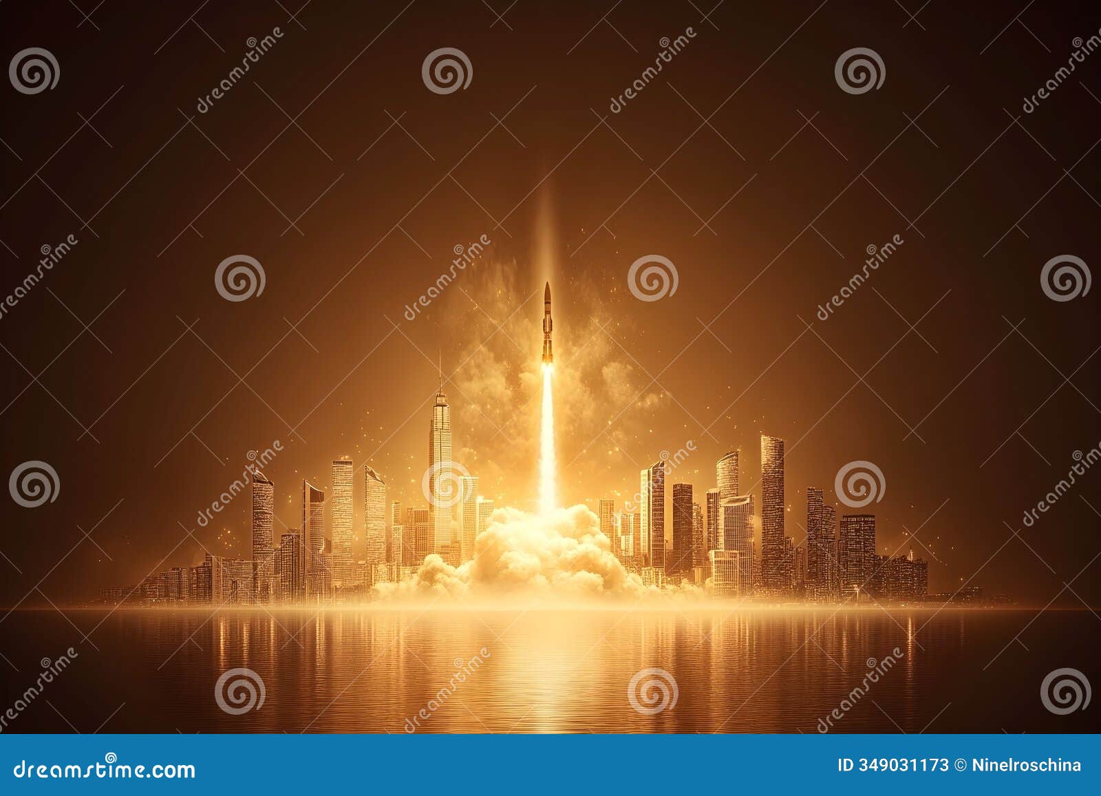 Nuclear Rocket Launch Illuminating a City Skyline at Dusk Stock Image ...