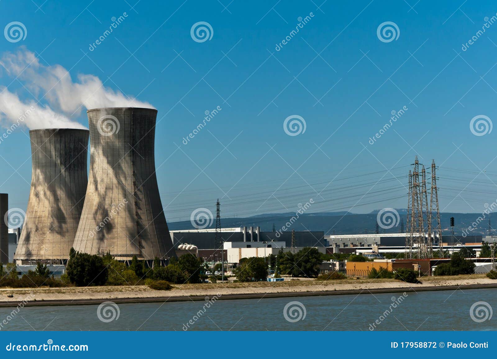 Nuclear Towers and Power Lines Stock Photo - Image of generator, water ...
