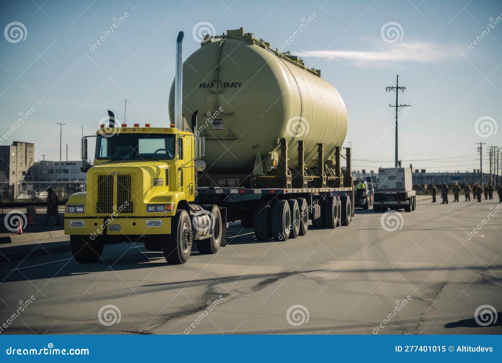 Nuclear Waste Containment Vessel Being Transported by Truck, Surrounded ...