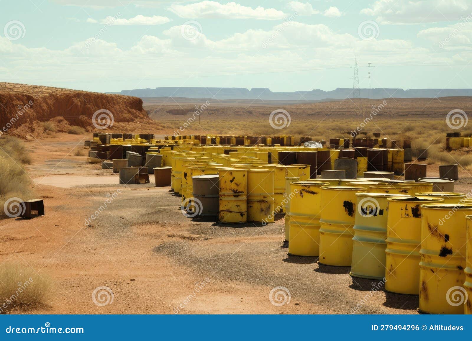 Nuclear Waste Disposal Site, with Barrels of Radioactive Material Lined ...