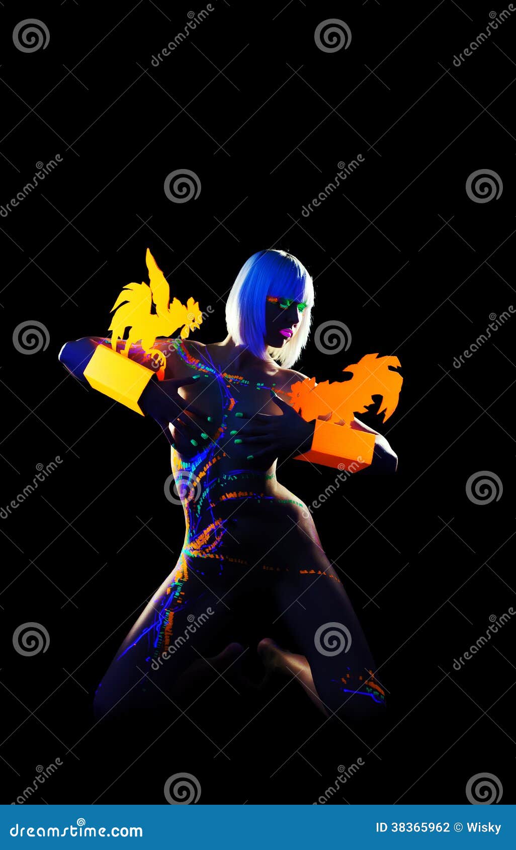 Nude Model Posing with Luminous Ultraviolet Makeup Stock Photo - Image ...