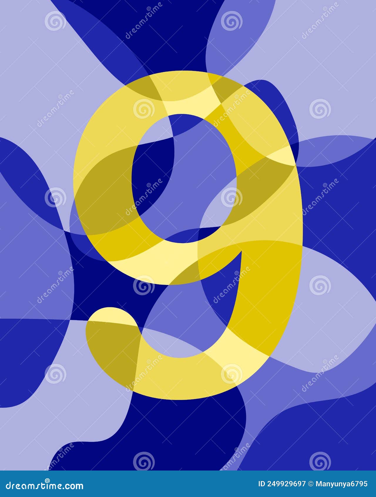 Number 9 of Abstract Smooth Rounded Shapes. Contrasting Yellow Number ...