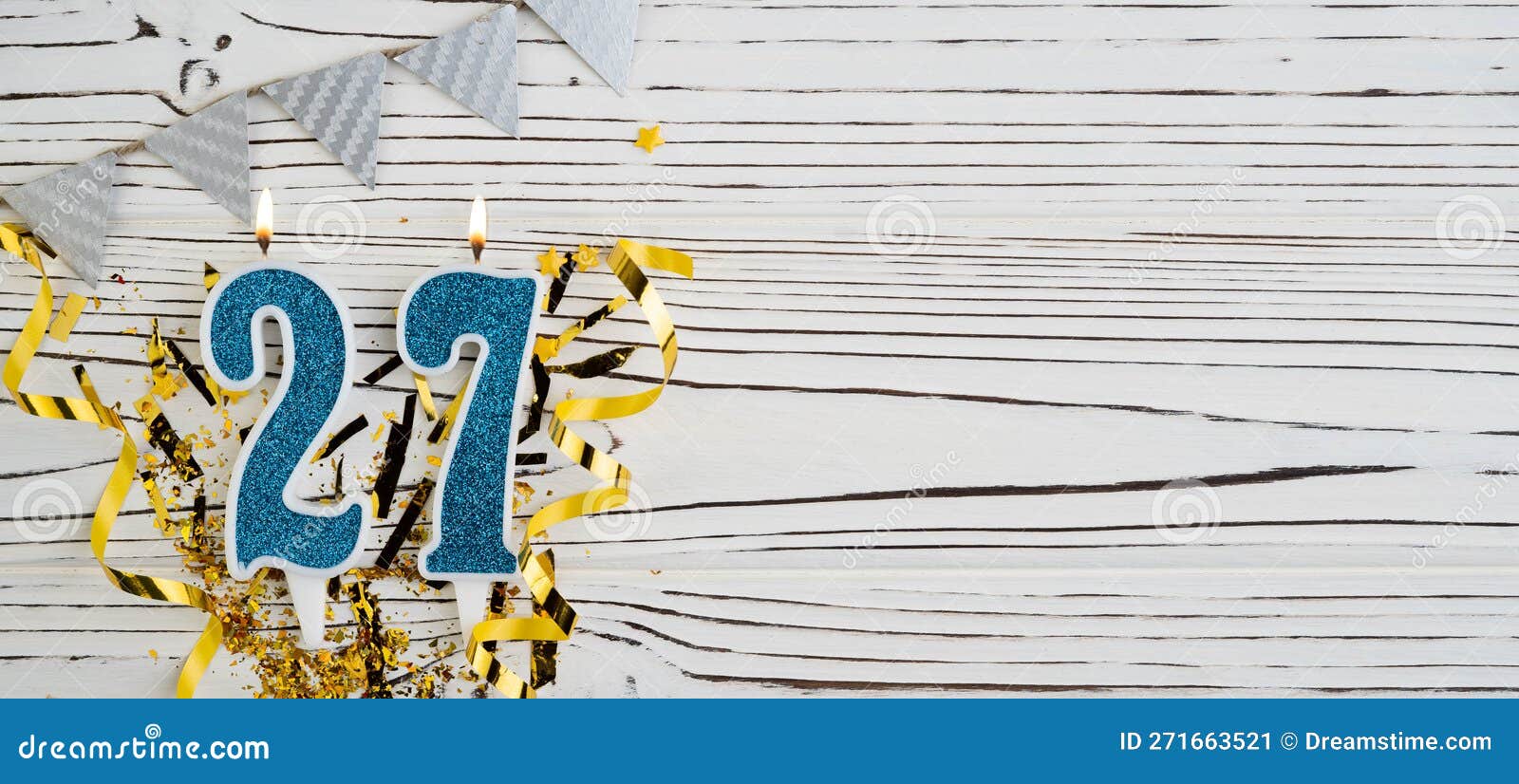 Number 27 Blue Celebration Candle On White Wooden Background Happy