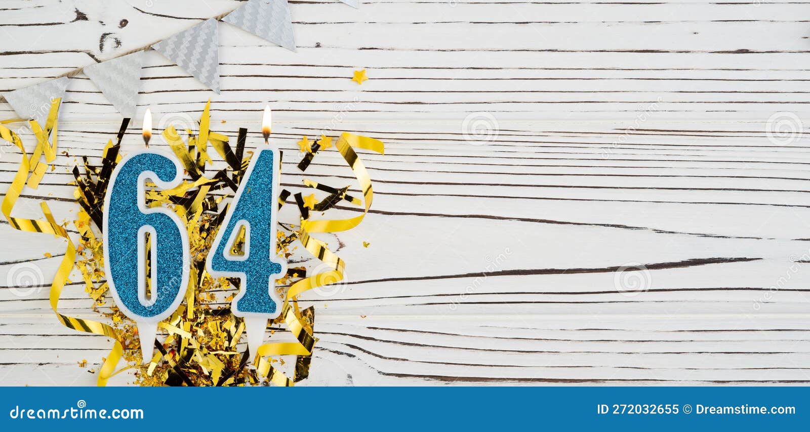 Number 64 Blue Celebration Candle On White Wooden Background Happy