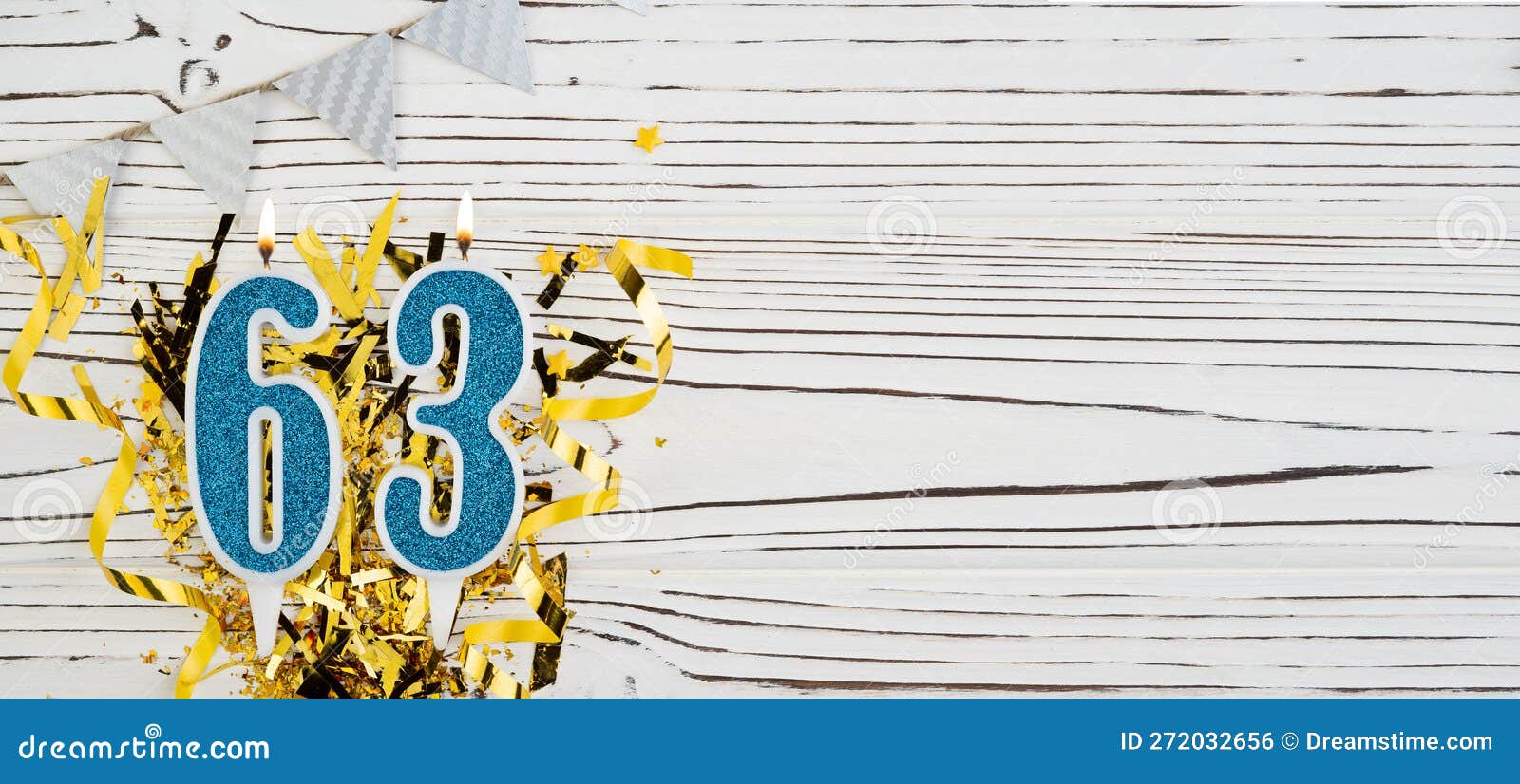 Number 63 Blue Celebration Candle On White Wooden Background Happy