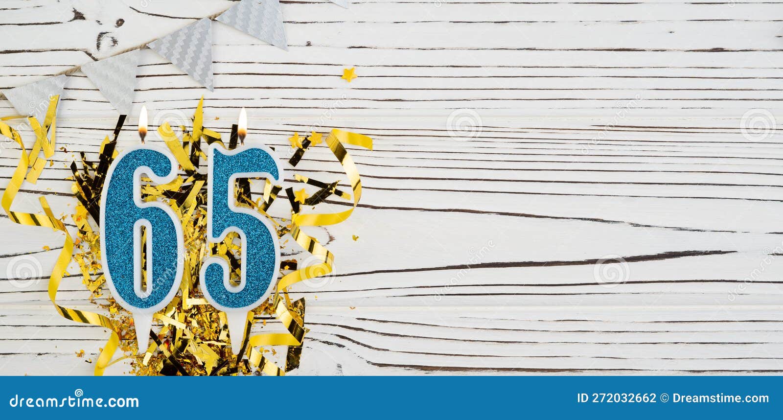 Number 65 Blue Celebration Candle On White Wooden Background Happy