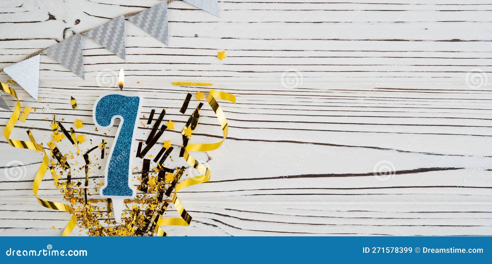 Number 7 Blue Celebration Candle On White Wooden Background Happy