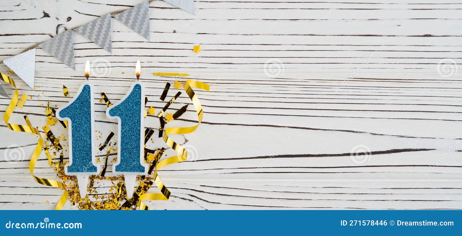 Number 11 Blue Celebration Candle On White Wooden Background Happy