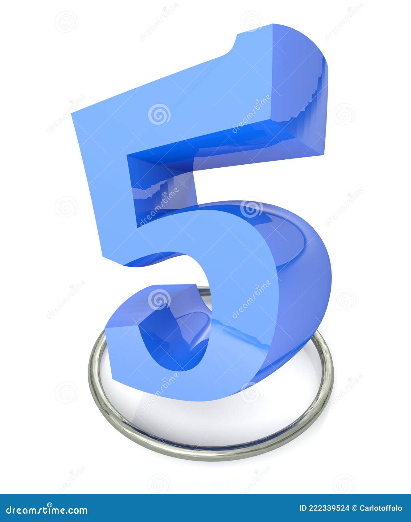 Number 5 Blue Over Metallic Circle on White Background - 3D Rendering ...