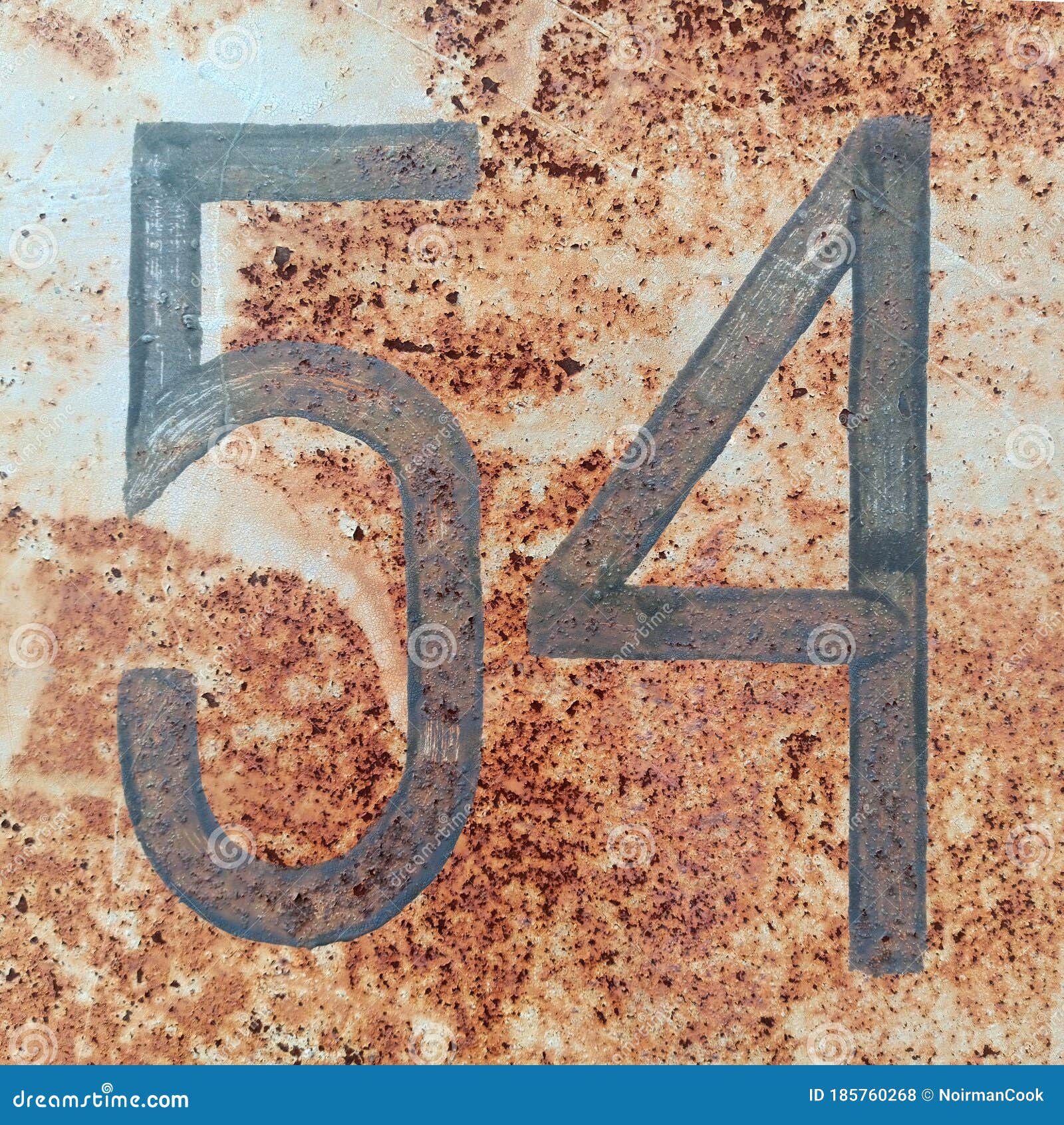 Number 54 Blue Stencil Digit Painted on Rusty Weathered Gray Metal ...